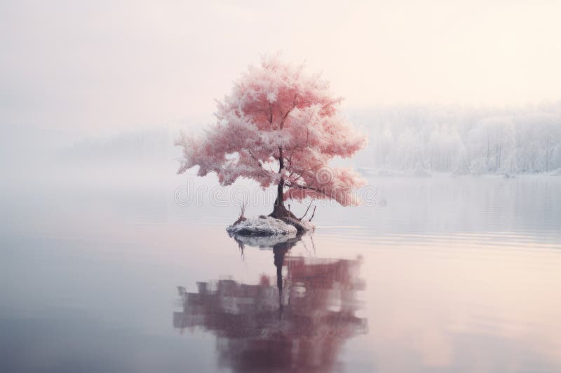 A Lone Pink Tree in the Middle of a Lake Stock Illustration ...