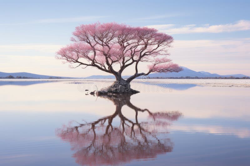 A Lone Pink Tree in the Middle of a Lake Stock Illustration ...