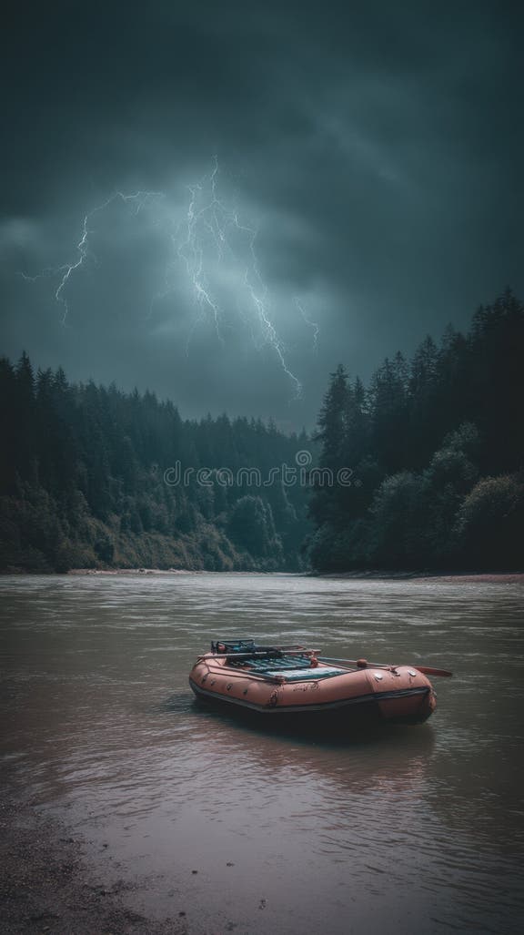 Lone Raft Rests on Calm River Under Dramatic Thunderstorm, Surrounded ...