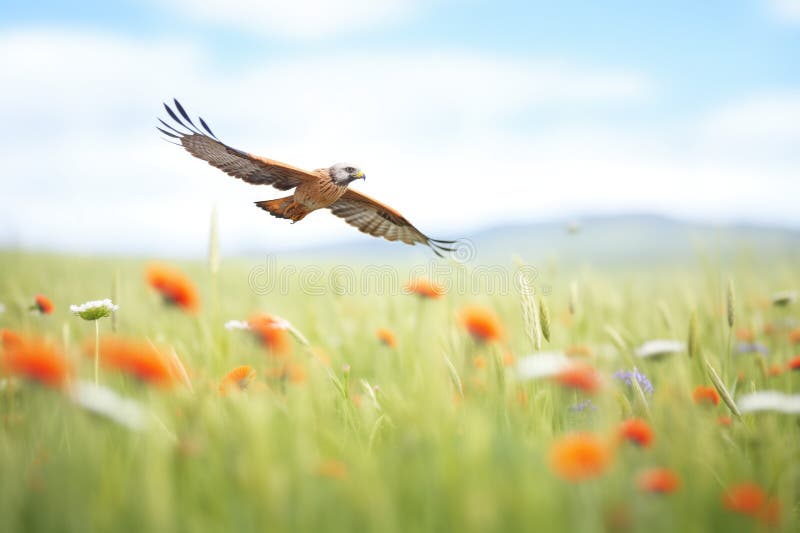 Lone Red Kite Hunting Over a Blooming Meadow Stock Image - Image of ...