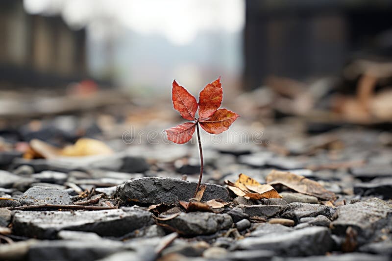 A Lone Red Leaf Growing Out of a Pile of Rocks Stock Illustration - Illustration of aigenerated ...
