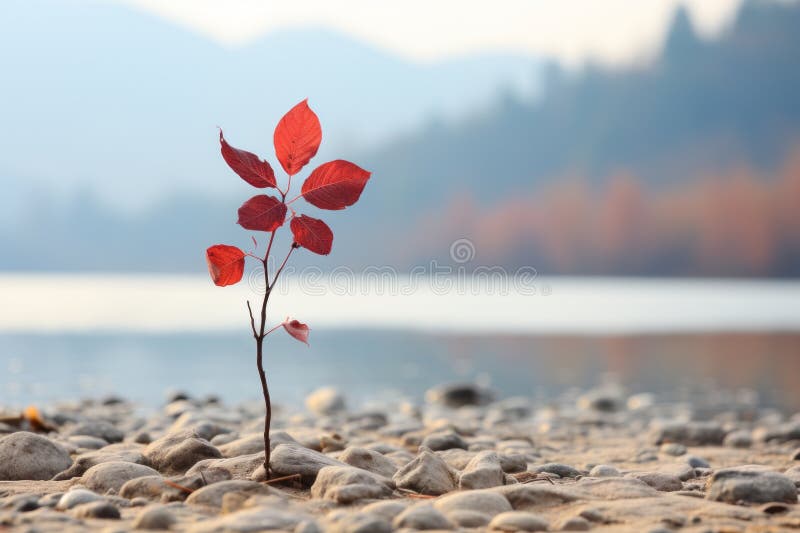 A Lone Red Leaf is Standing on the Shore of a Lake Stock Illustration - Illustration of outdoors ...
