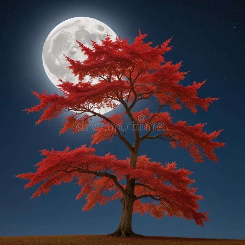 A Lone Red Maple Tree in Full Autumn Foliage Against a Night Sky with a ...