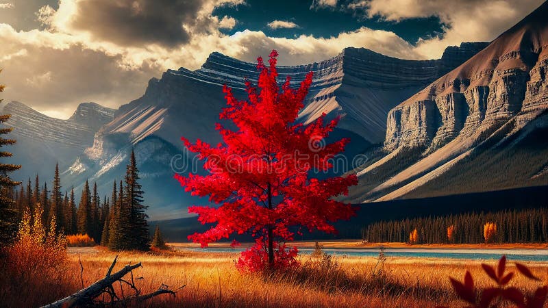 Lone Red Tree in Banff National Park during Autumn Stock Illustration ...