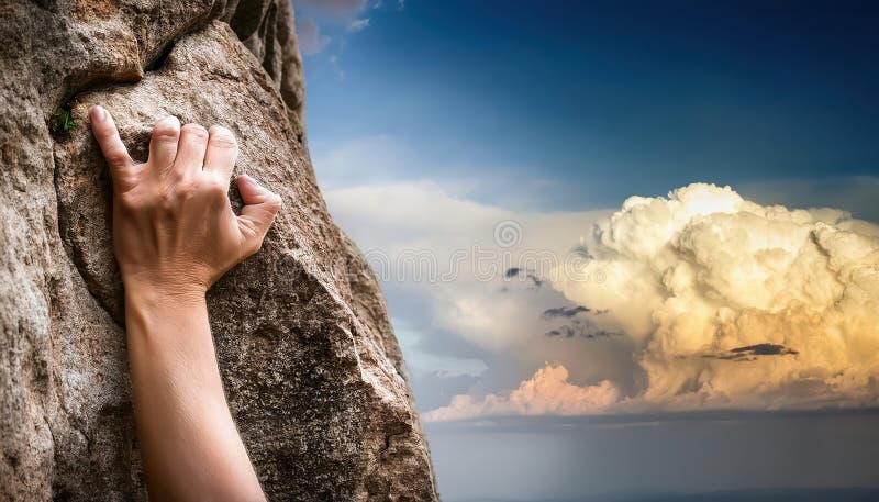 Lone Rock Climber Hand Gripping Jagged Cliff Edge Symbolizes ...