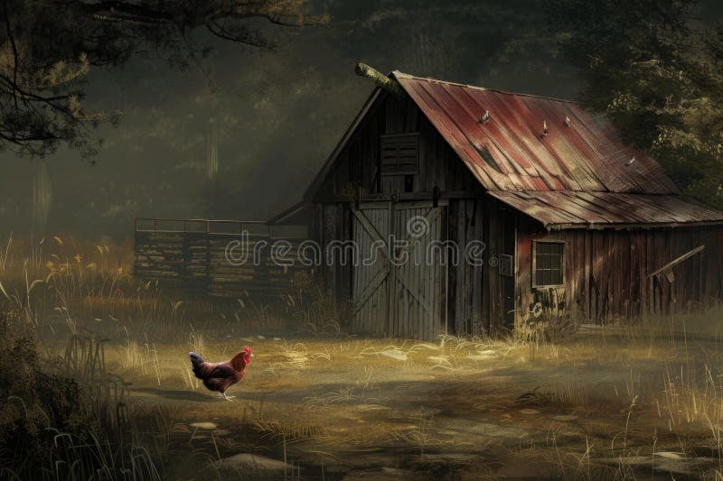 Rustic Sunrise at the Old Barn with Rooster Stock Photo - Image of ...