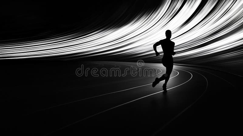 A Silhouette of a Runner Sprinting Along a Track with Dynamic Light ...
