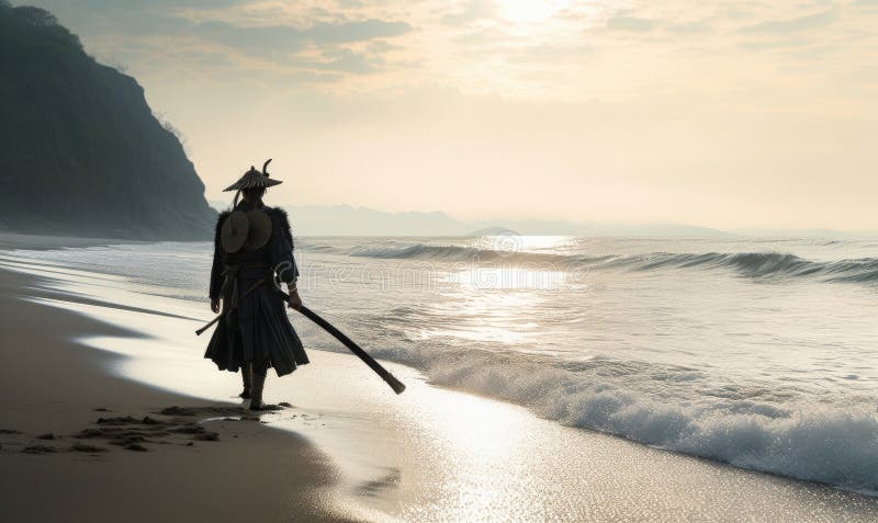 Samurai Warrior Standing Alone on Sandy Beach Creating Using Generative AI Tools Stock ...