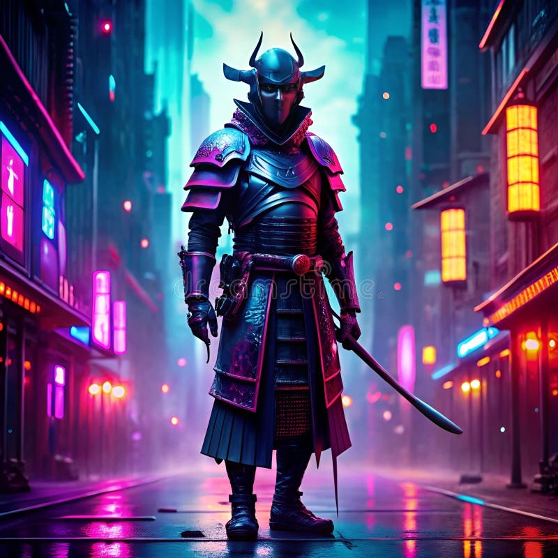 A Lone Samurai in a Neon-lit Cityscape with a Blend of Traditional ...