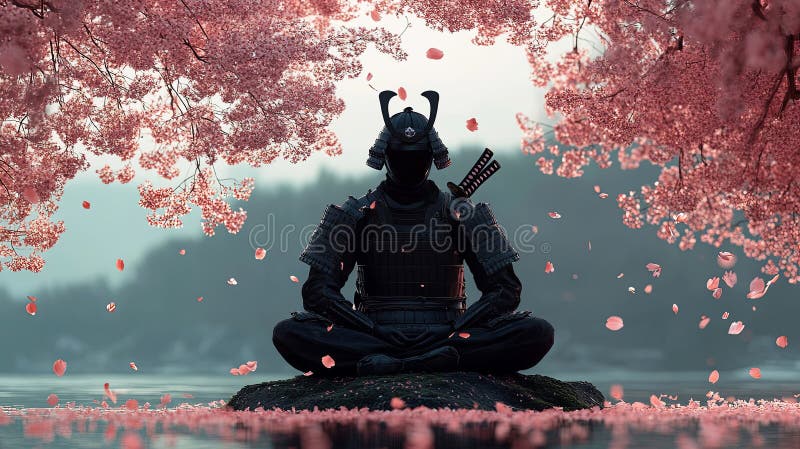 A Lone Samurai Sits in Tranquil Meditation Beneath Cherry Blossoms ...