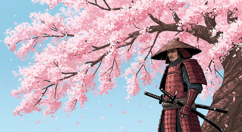 Lone Samurai Under Cherry Blossom Tree in Spring Stock Illustration ...