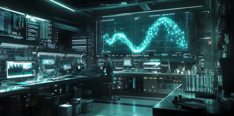 A Lone Scientist Works at a Futuristic Workstation with Glowing Screens ...