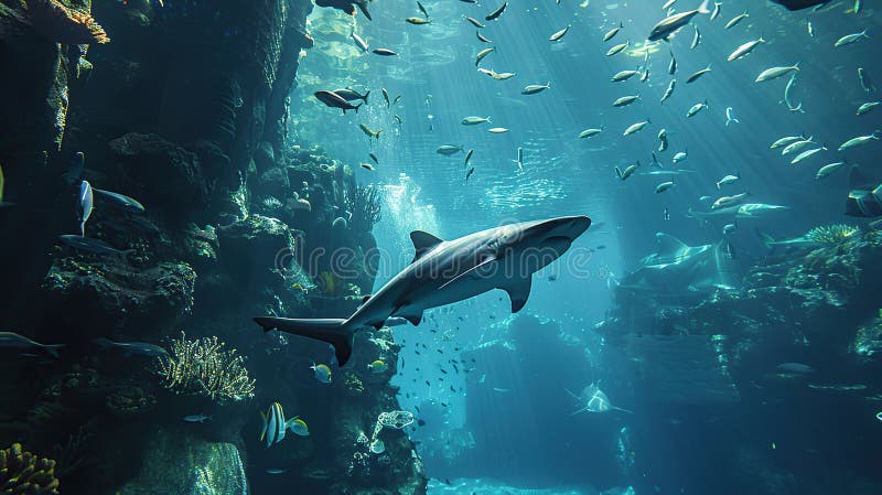 A Lone Shark Swims through a School of Fish in a Clear Blue Ocean with ...