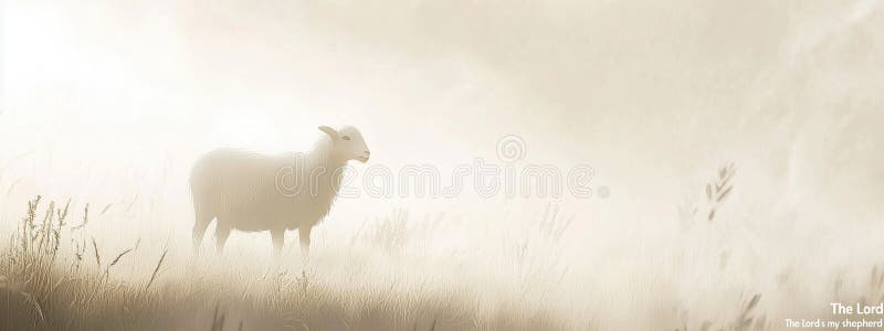 Lone Sheep Standing in a Misty Field at Dawn with Subtle Sunlight ...