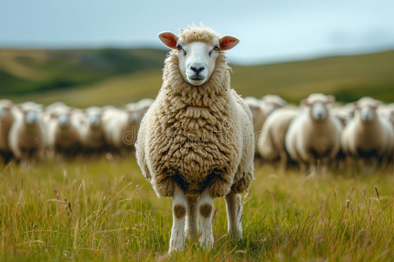 Lone Sheep Stands in Front of Flock of Sheep in Field on Farm Stock ...