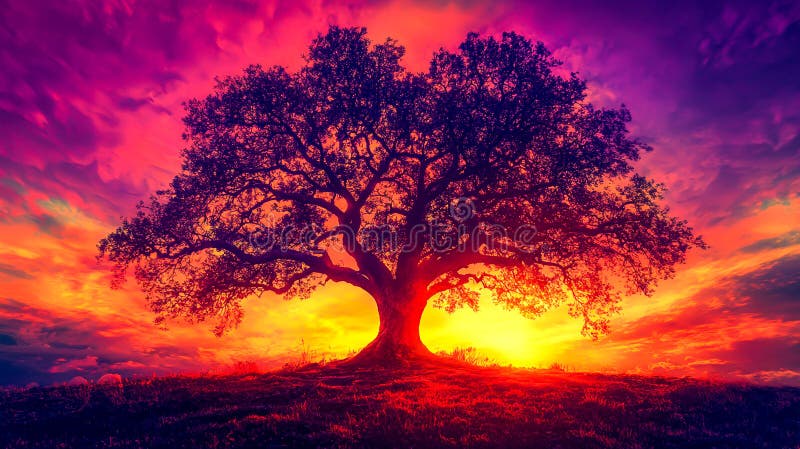 A Lone Silhouette of a Sprawling Oak Tree Under a Vibrant, Dramatic ...