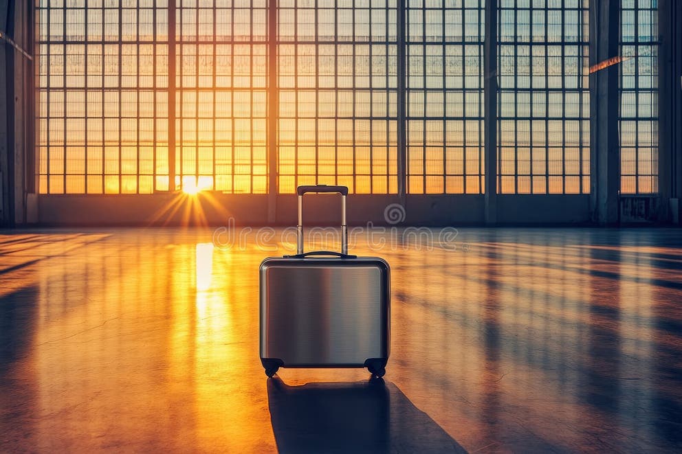 Lone Silver Suitcase at Sunset in Spacious Empty Airport Terminal Stock ...