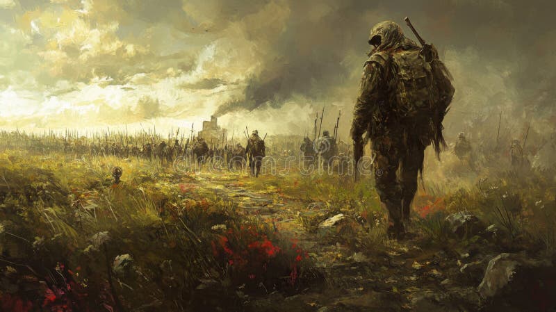 Lone Soldier Walking through Desolate Battlefield Landscape Stock ...