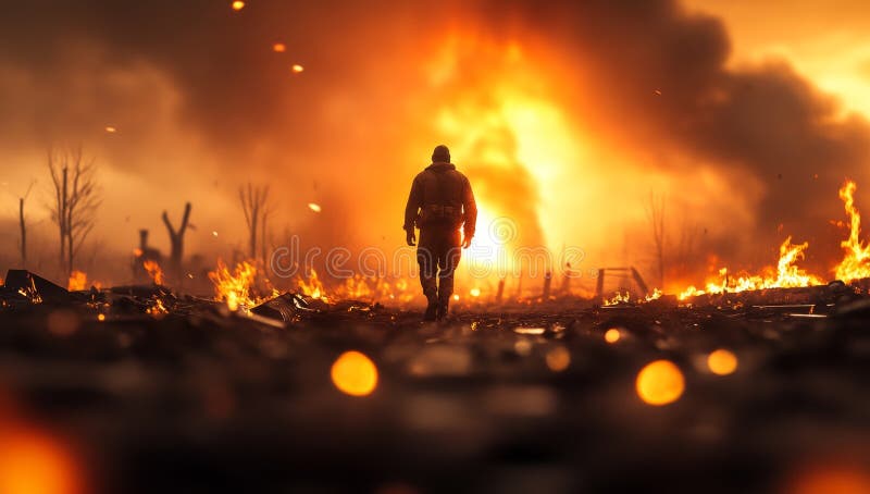 A Lone Soldier Walks through a War-torn Landscape Engulfed in Flames ...