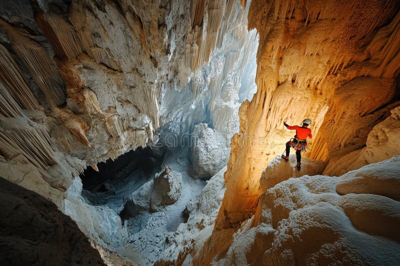 A Lone Spelunker Exploring a Vast Underground Cavern with Intricate ...