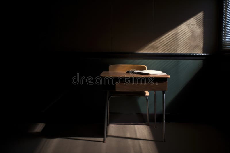 A Lone Student Desk in a Shadowy Corner of an Empty Classroom Stock ...