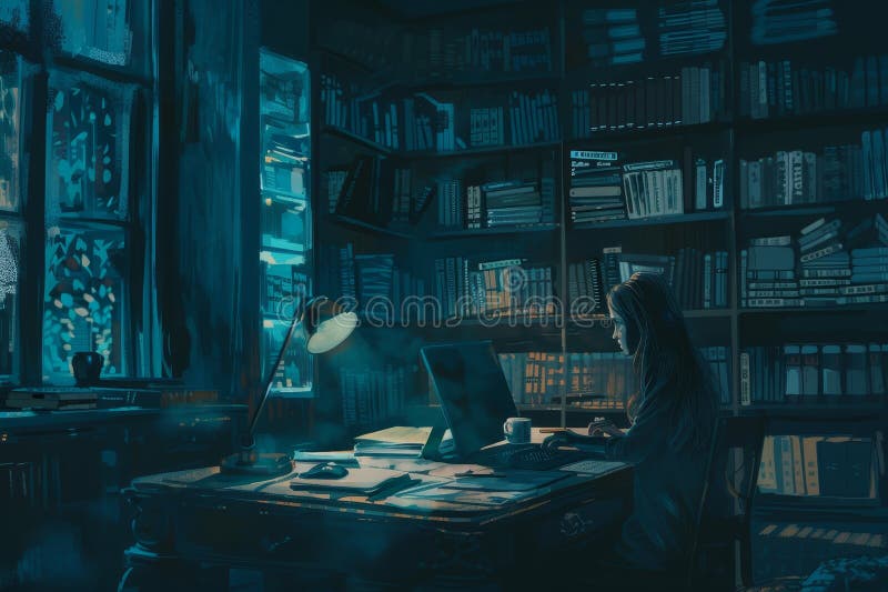 A Lone Student Works Late into the Night in a Dimly Lit Study Room ...