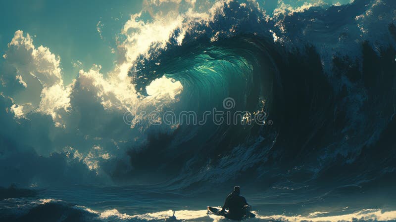 A Lone Surfer Faces a Massive Wave that Fills the Sky, the Sun Breaking ...