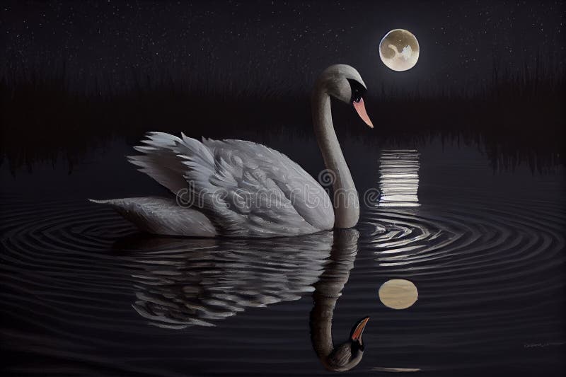 A Lone Swan Swims in a Pond Under the Moonlight. AI Generated Stock ...