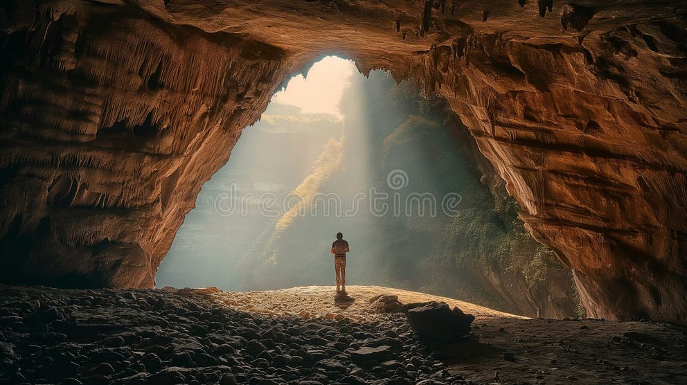 A Lone Traveler Exploring a Hidden Cave System Deep Stock Image - Image ...