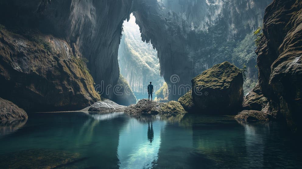 A Lone Traveler Exploring a Hidden Cave System Deep Stock Photo - Image ...