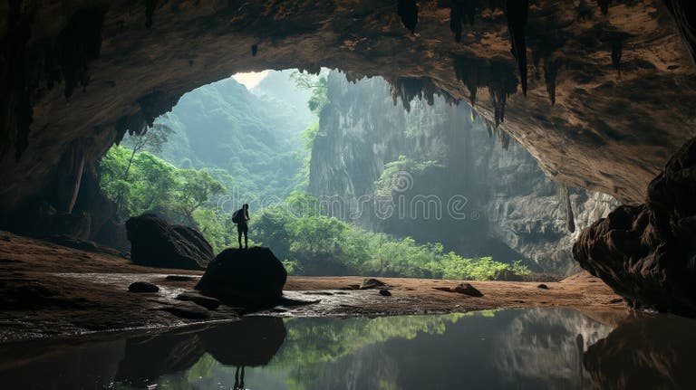 A Lone Traveler Exploring a Hidden Cave System Deep Stock Image - Image ...