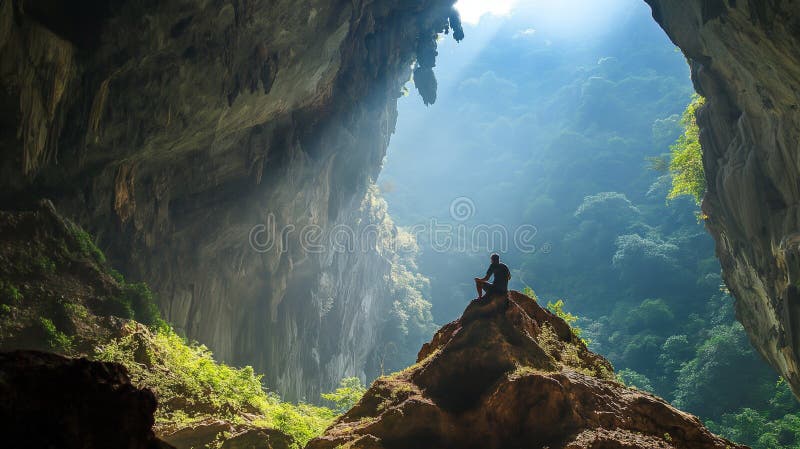 A Lone Traveler Exploring a Hidden Cave System Deep Stock Photo - Image ...