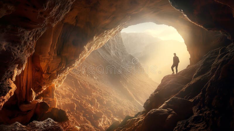 A Lone Traveler Exploring a Hidden Cave System Deep Stock Photo - Image ...