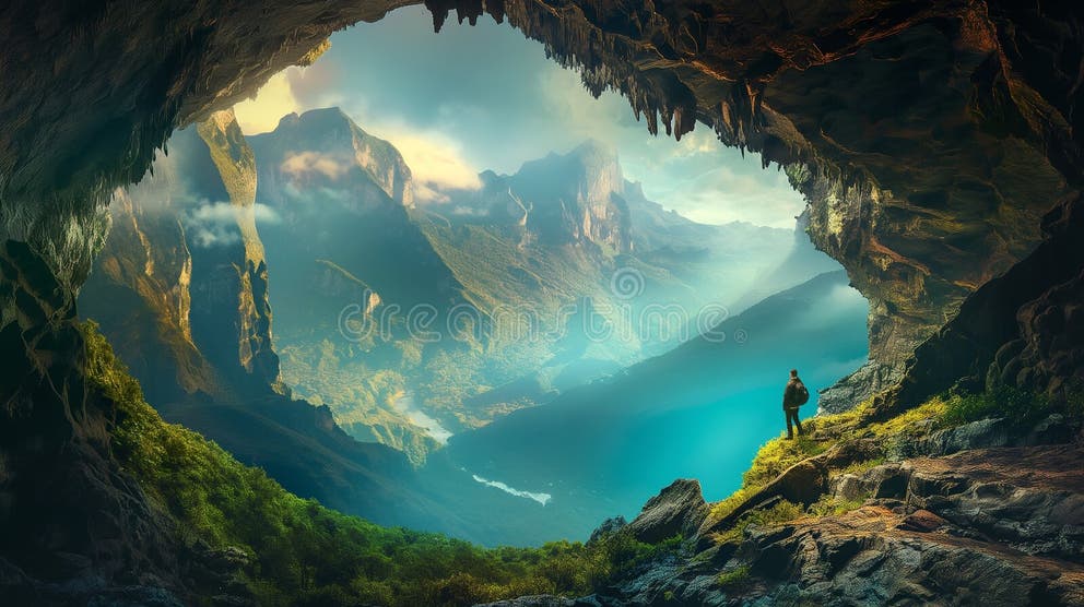 A Lone Traveler Exploring a Hidden Cave System Deep Stock Photo - Image ...