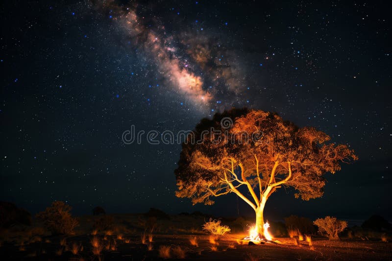 Lone Tree Ablaze at Night Under Starry Sky Stock Image - Image of ...