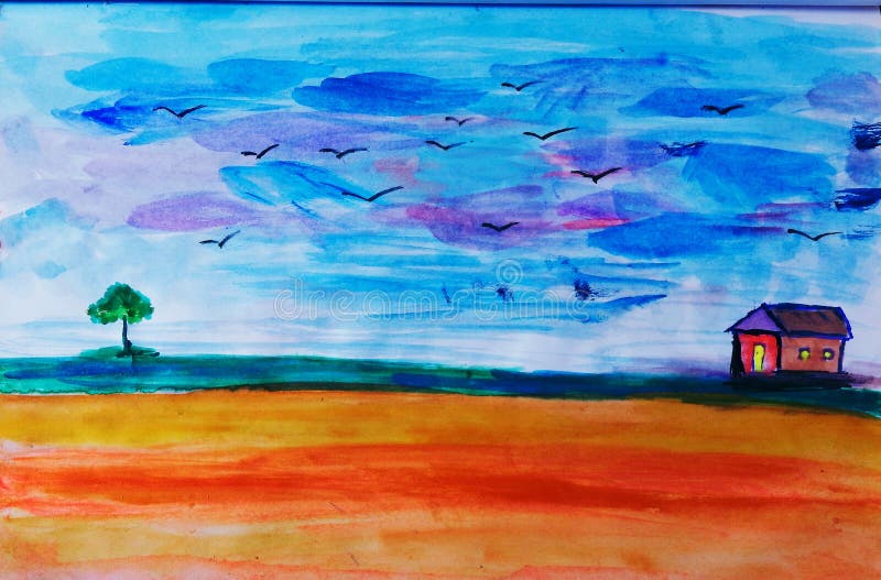 Lone Tree and Alone House in a Twilight Stock Image - Image of scenic ...