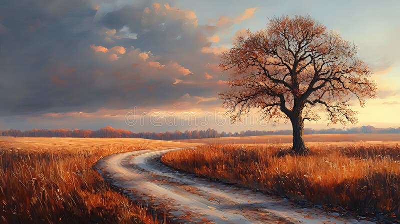 Lone Tree, Autumn Field Road, Sunset, Clouds, Landscape Stock ...