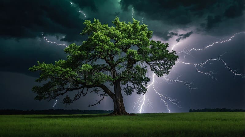 A Lone Tree Beautifully Illuminated by Multiple Lightning Bolts Under ...