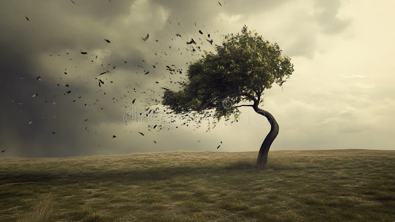 A Lone Tree Bending Against Powerful Winds in a Desolate Field, with ...
