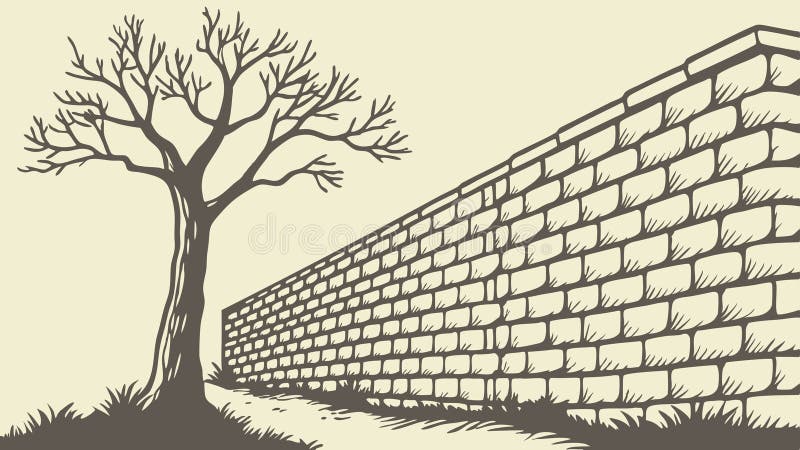 Lone Tree by a Brick Wall, Rustic and Natural Contrast, Vector Design ...