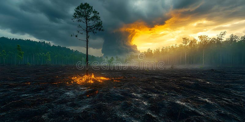 Lone Tree Burns in the Aftermath of a Wildfire, Surrounded by Scorched ...
