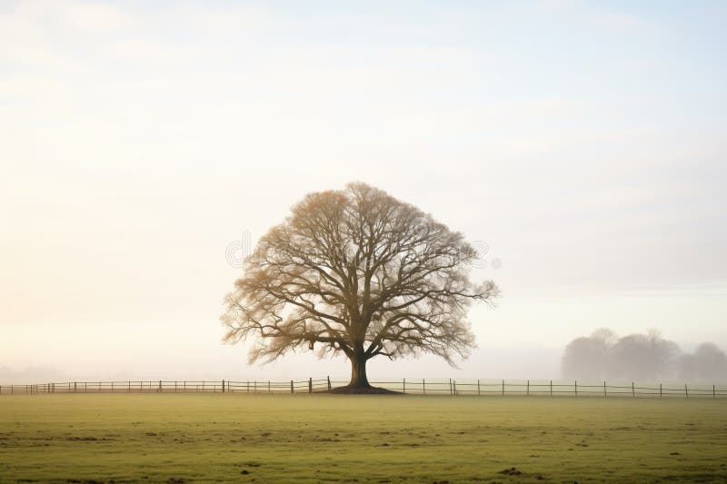 Lone Tree Centered in Pasture Shrouded in Mist Stock Photo - Image of ...