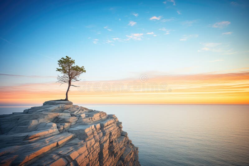 Lone Tree on Cliff Edge with Ocean Horizon at Sunset Stock Illustration ...
