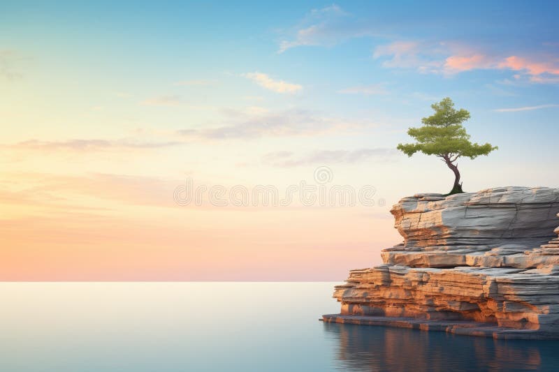 Lone Tree on Cliff Edge with Ocean Horizon at Sunset Stock Photo ...