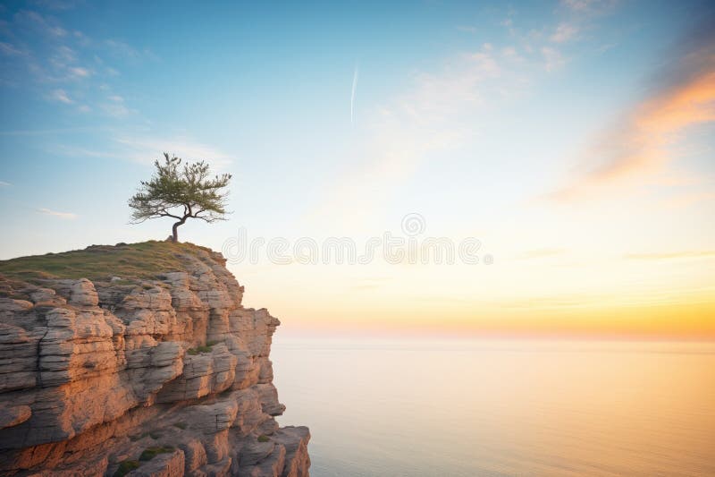 Lone Tree on Cliff Edge with Ocean Horizon at Sunset Stock Photo ...