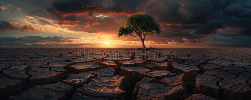 Lone Tree in Desolate Industrial Wasteland Under Stormy Sky ...