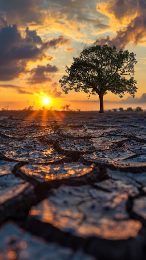 Lone Tree on Cracked Earth at Sunset, Dramatic Landscape. Climate ...