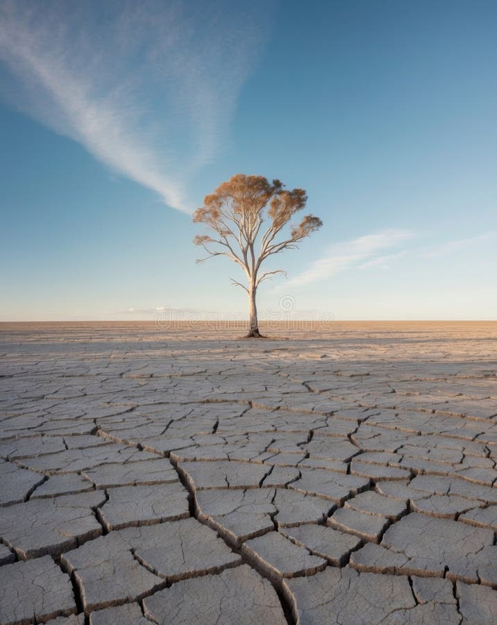 Lone Tree on Cracked Earth Under Clear Blue Sky. Stock Photo - Image of ...