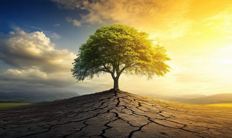 Lone Tree on Cracked Earth Under Dramatic Sky Stock Photo - Image of ...
