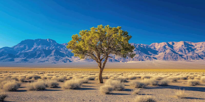 Lone Tree Desert Landscape Mountains Under Clear Blue Sky Stock Photos ...